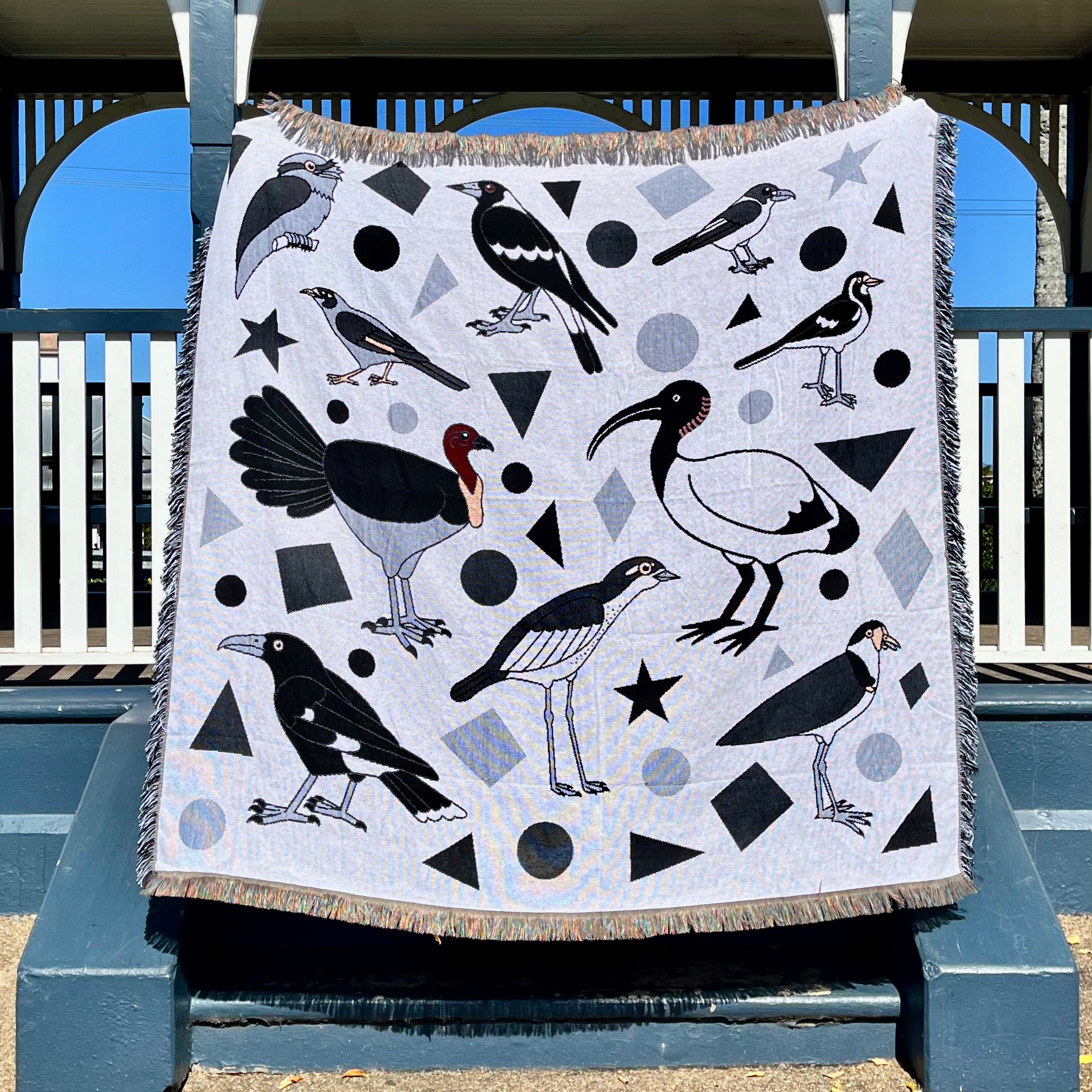 Black and White Birds of Brisbane Woven Blanket – Jesse Irwin Art